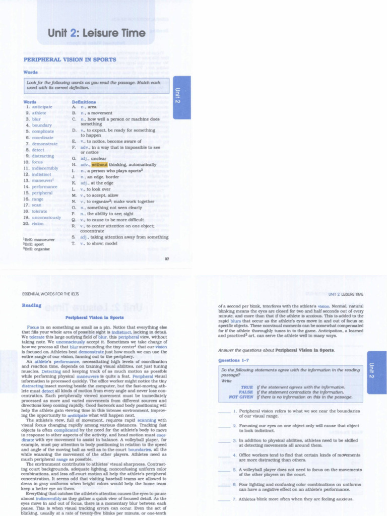 Vocabulary Exercise - Peripheral Vision in Sports | PDF