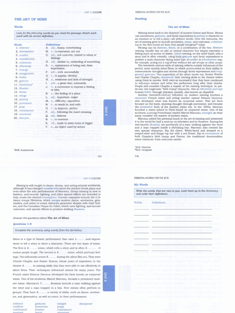 Vocabulary exercise_ The art of mime | PDF