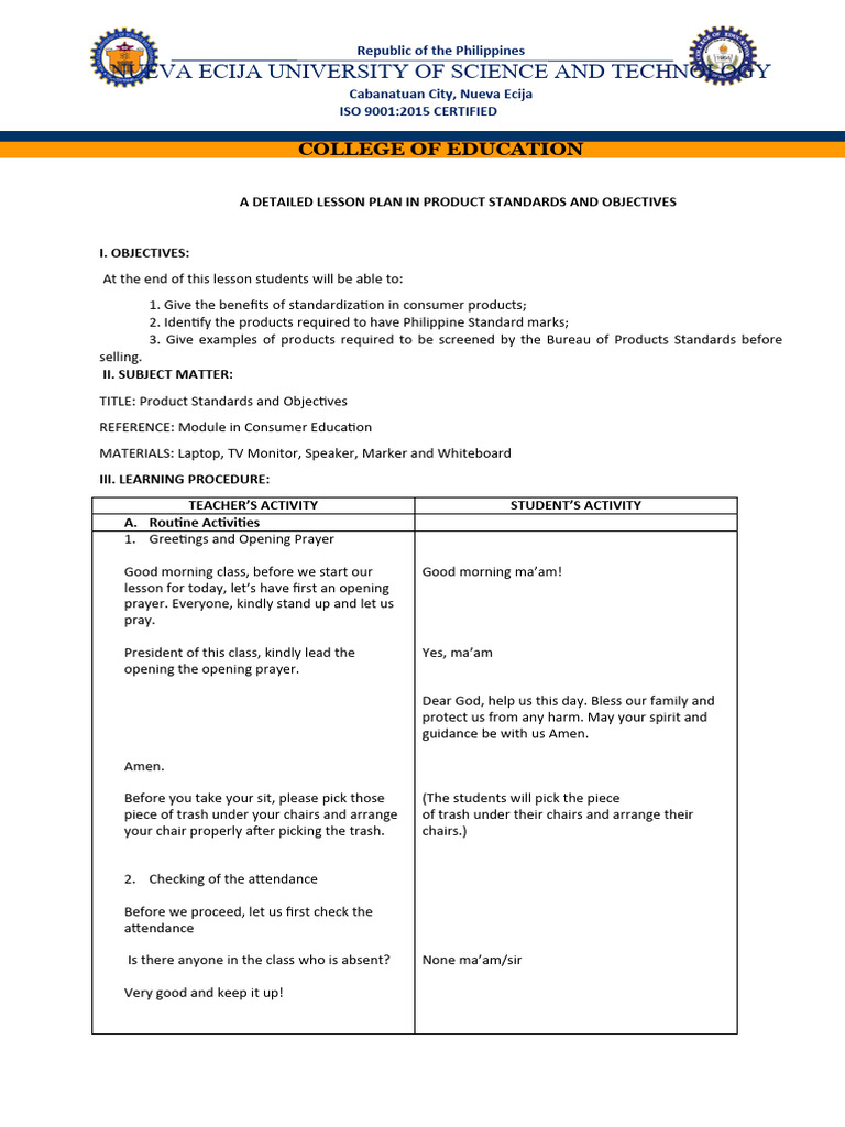 DLP in Unit 3 Product Standards and Objectives 1 | PDF | Standardization