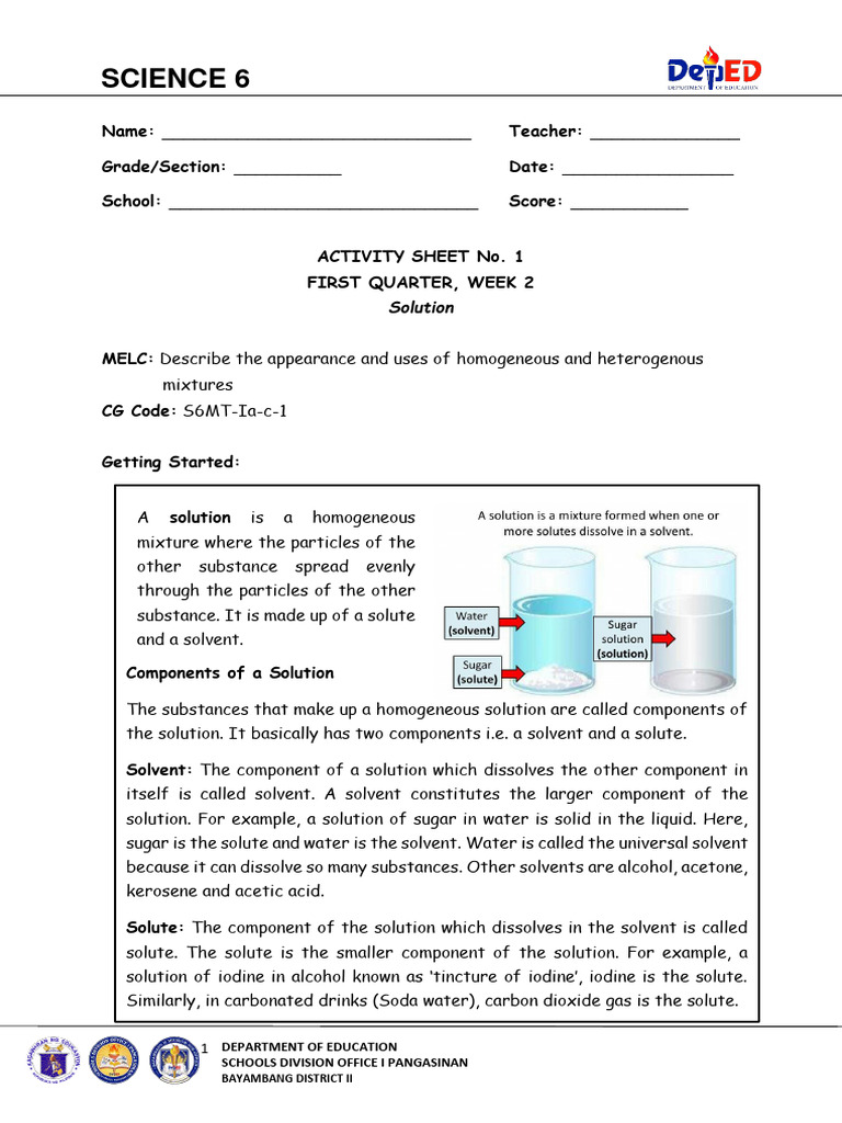 LAS Grade 6 Quarter 1 Week 2 Activity Sheet No. 1 | PDF | Mixture | Solubility