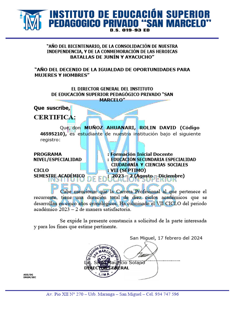 Constancia de Estudios-Muñoz Ahuanari, Rolin David | PDF