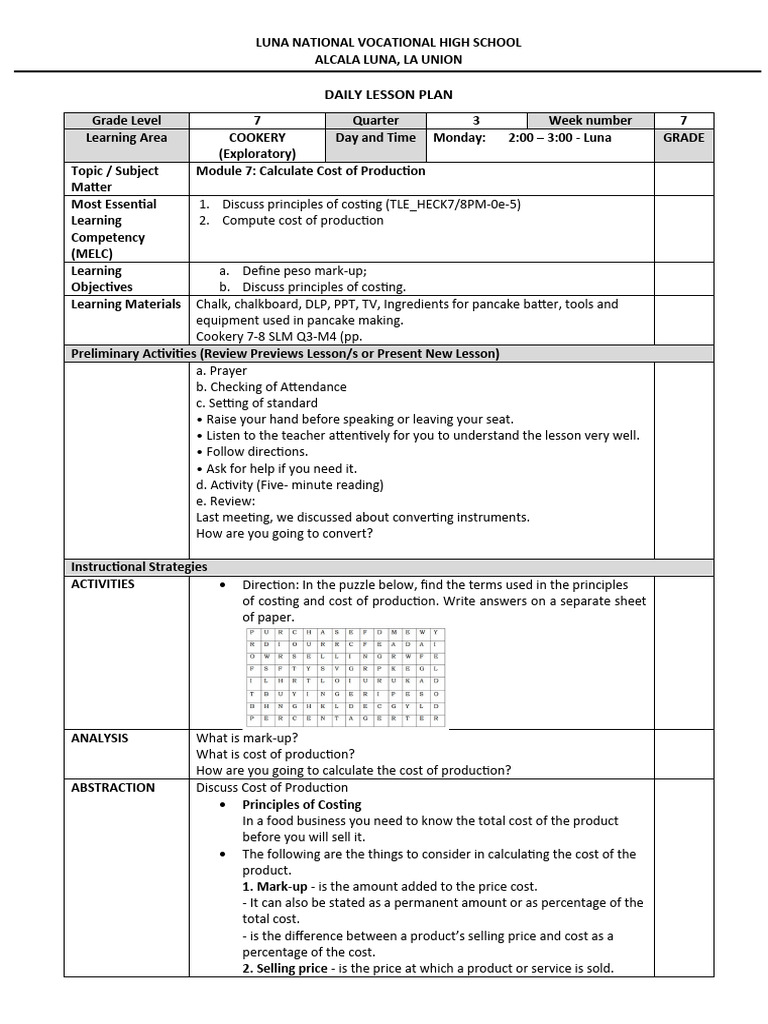 DLP Tve7 Cookery q3 w7 | PDF | Cost | Prices