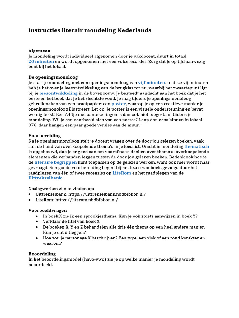 Instructies Literair Mondeling Nederlands | PDF