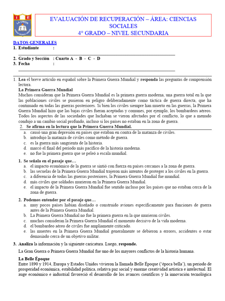 Examen de Recuperación - 4° CCSS - Nuevo | PDF | Primera Guerra Mundial | Austria Hungría