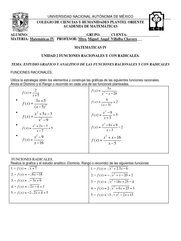Actividad Unidad 2 Funciones Racionales y Con Radicales. | PDF