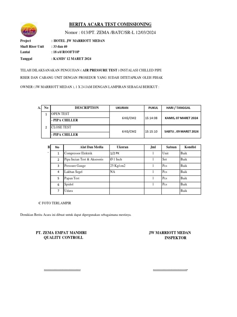 Ba Test Tekan Udara Chilled Pipe Seri 33 & 40 | PDF