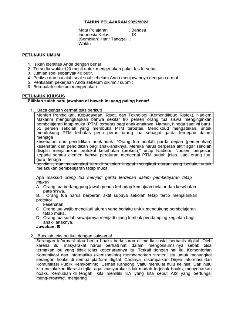 Soal BHS Indonesia 2022-2023 | PDF