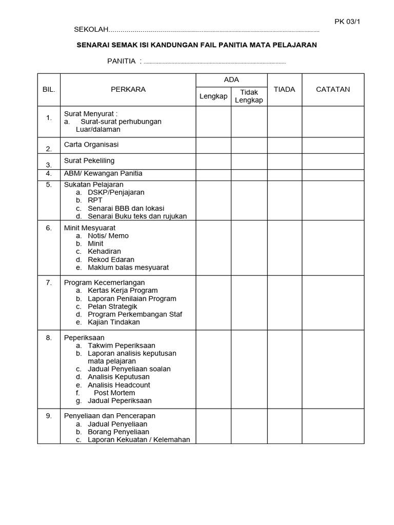 Senarai Semak Fail Panitia | PDF