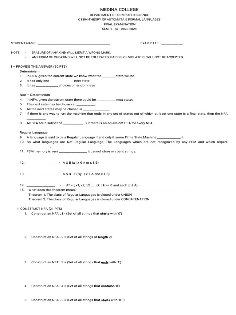 CS304 Automata Theory Final Exam | PDF | Formalism (Deductive) | String (Computer Science)