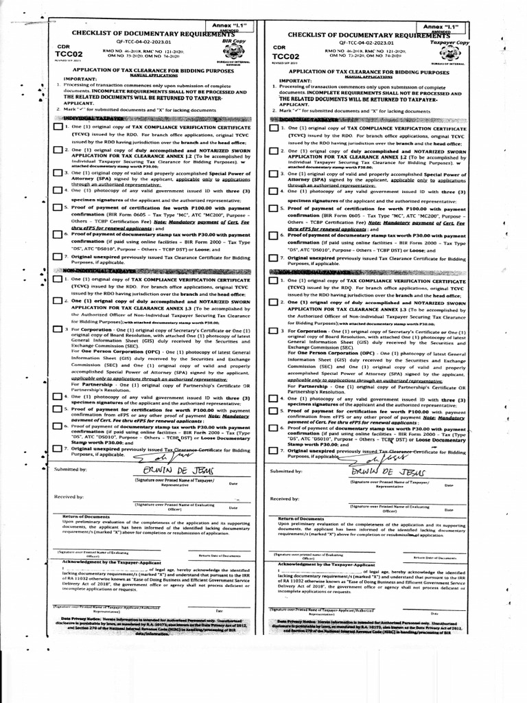 Application For Tax Clearance | PDF