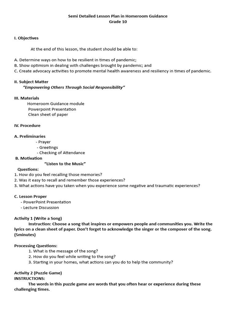 Semi Detailed Lesson Plan in Homeroom Guidance | Download Free PDF ...