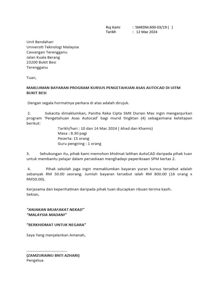 SURAT PERMOHONAN Van Uitm | PDF