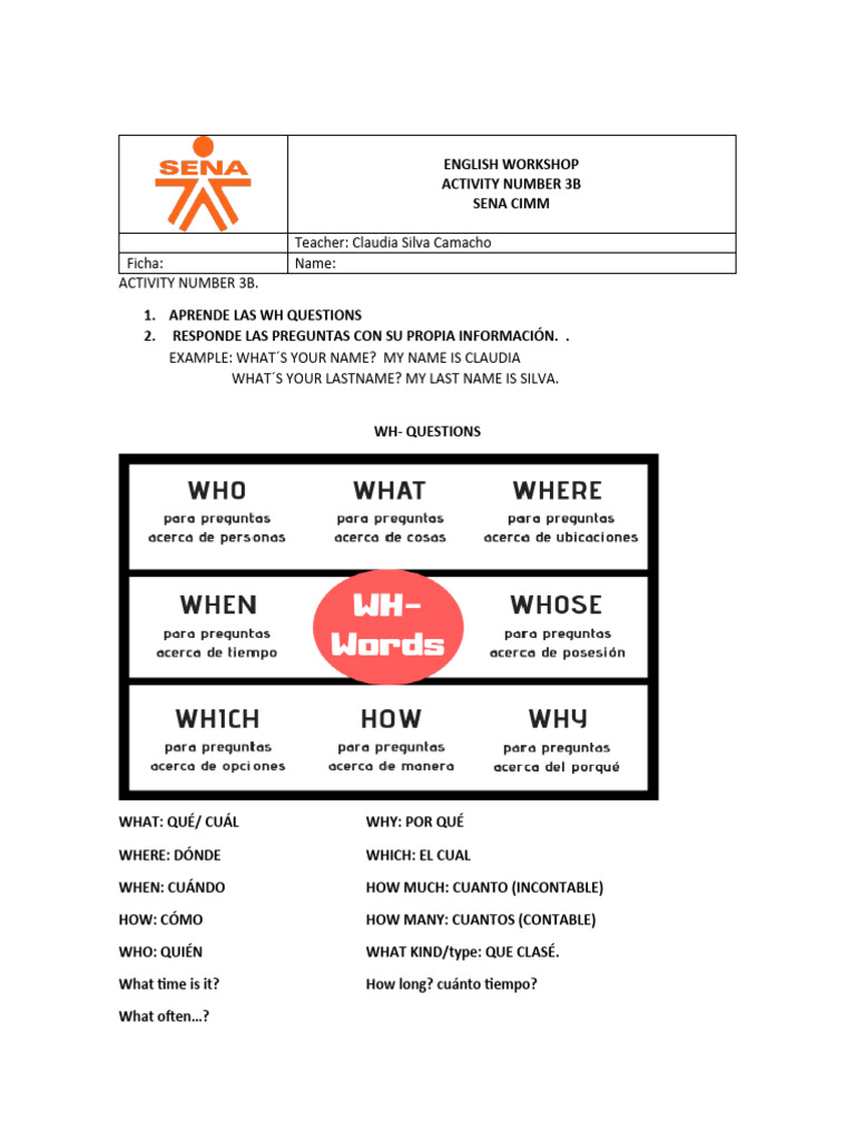 ENGLISH WORKSHOP 3B - WH Questions, This..that | PDF | Syntax | Linguistic Morphology