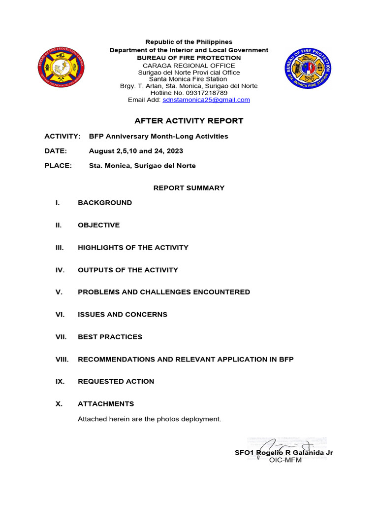 After Activity Report BFP Anniversary | PDF | Fire Safety | Safety