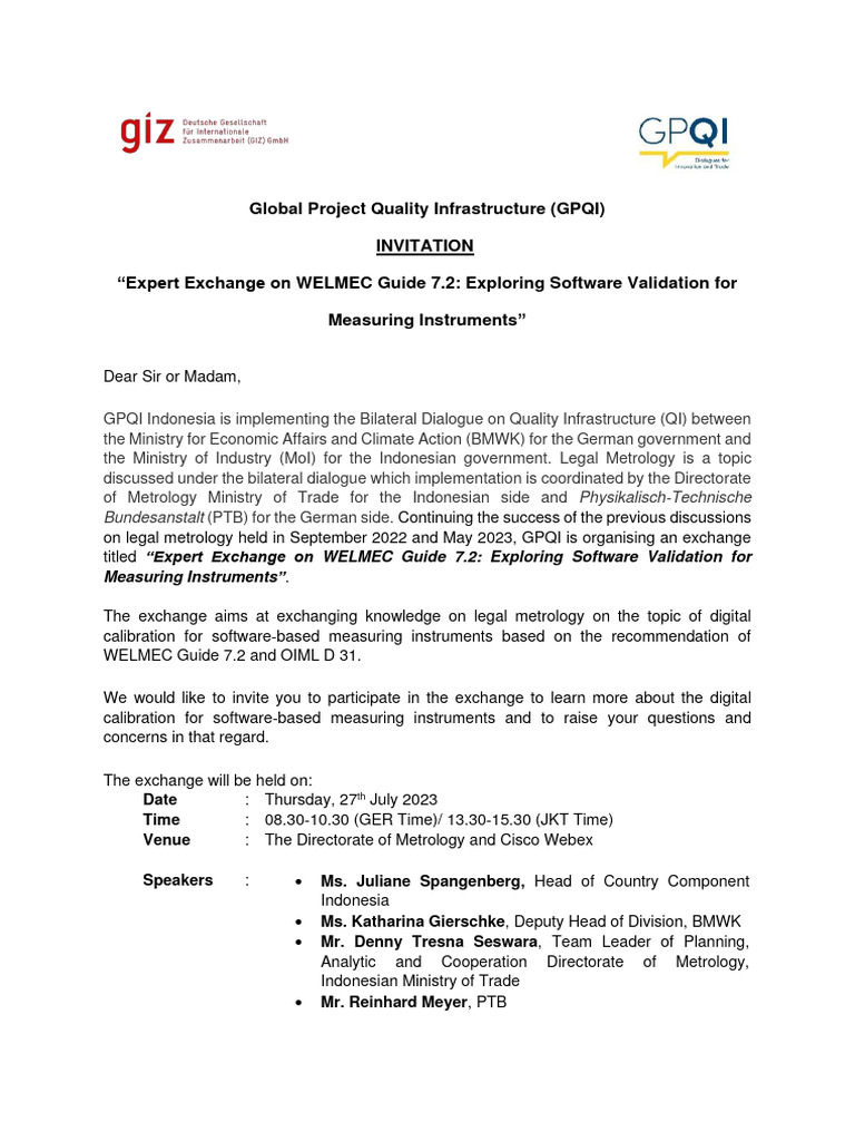 Invitation To GPQI-PTB Expert Exchange On WELMEC Guide 7.2 Exploring ...