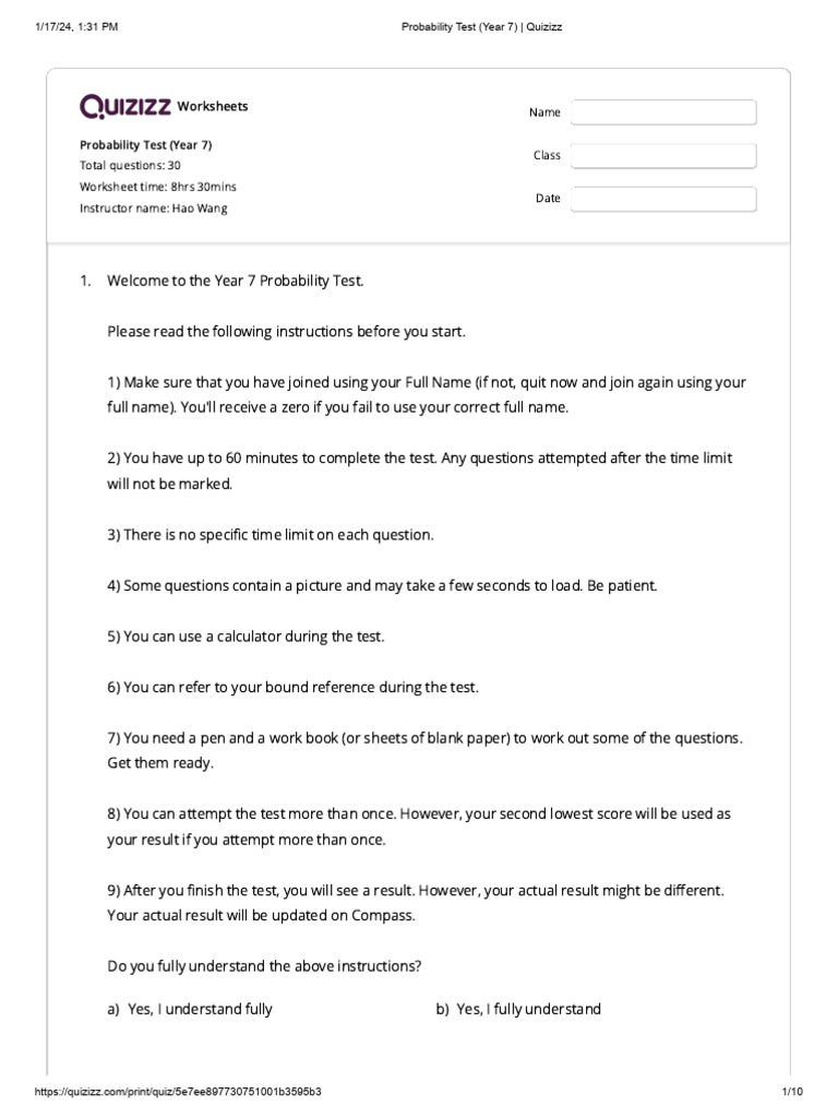 Probability Test (Year 7) - Quizizz | PDF | Odds | Probability Theory