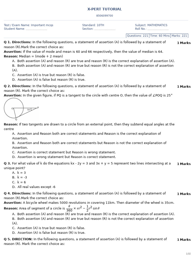 Important mcqs-10TH-MATHEMATICS | PDF | Circle | Area