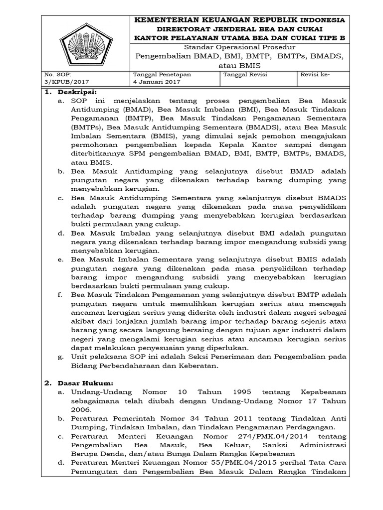 SOP Pengembalian BMAD, BMI, BMDTP, BMTPS, BMADS, Dan BMIS - KPU B | PDF ...