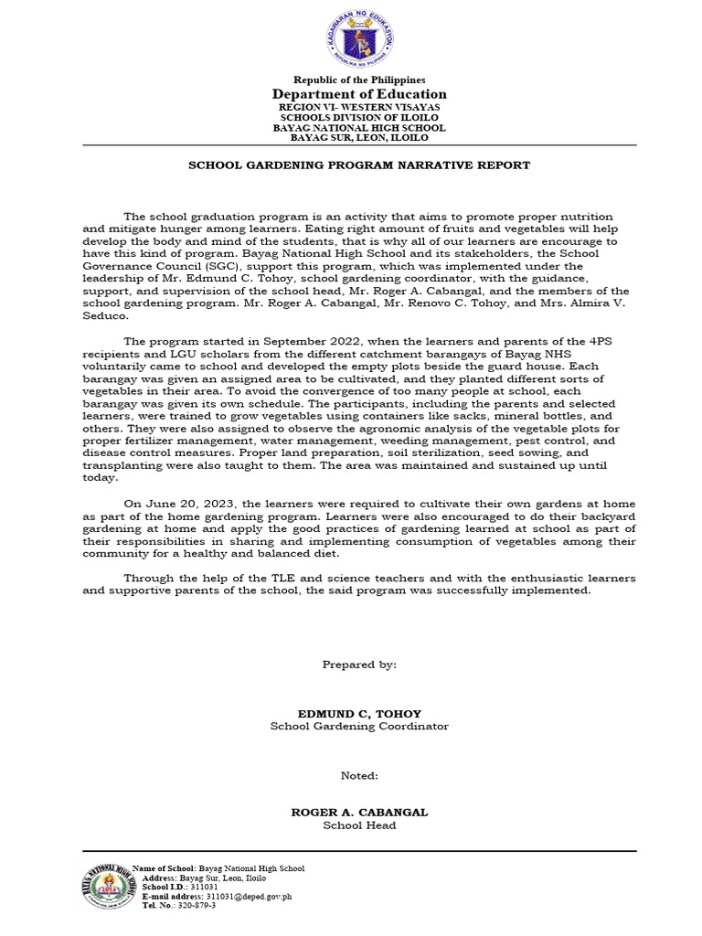 School Gardening Program Narrative Report | PDF | Vegetables | Botany