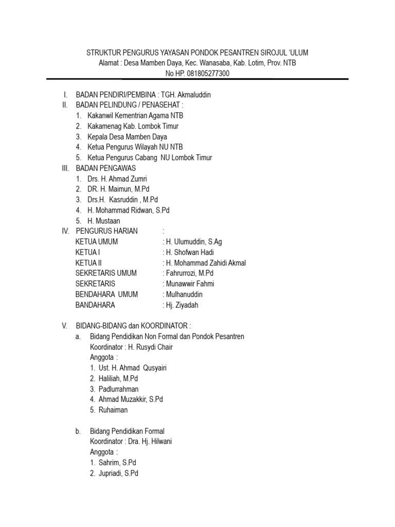 Struktur Pengurus Yayasan Sirojul 'Ulum | PDF | Ilmu Sosial | Perjalanan