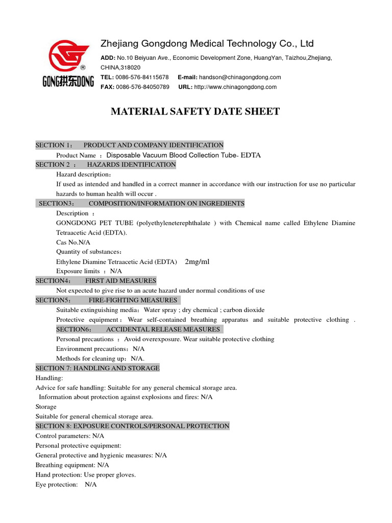EDTA Tube MSDS | PDF | Ethylenediaminetetraacetic Acid | Personal ...