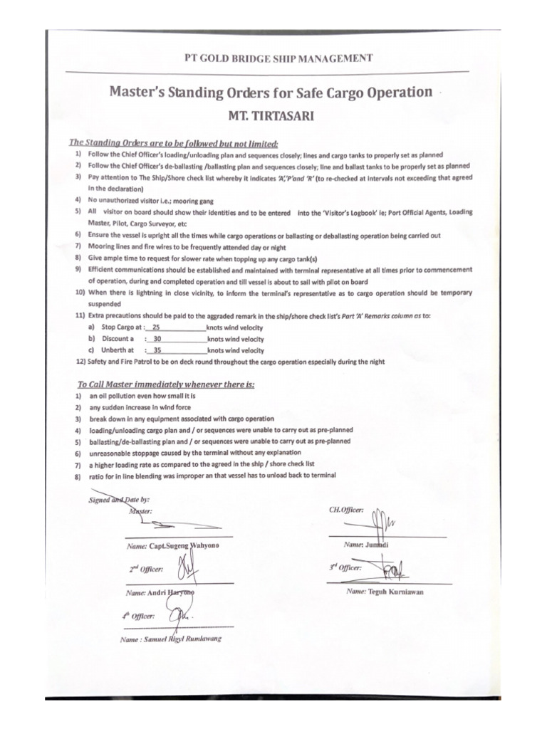 Master's Standing Orders For Safe Cargo Operation | PDF