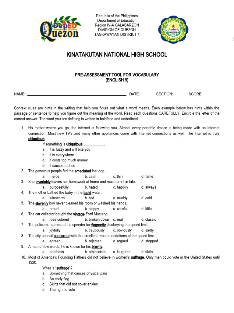 English 9 Vocabulary Pre-Assessment | PDF