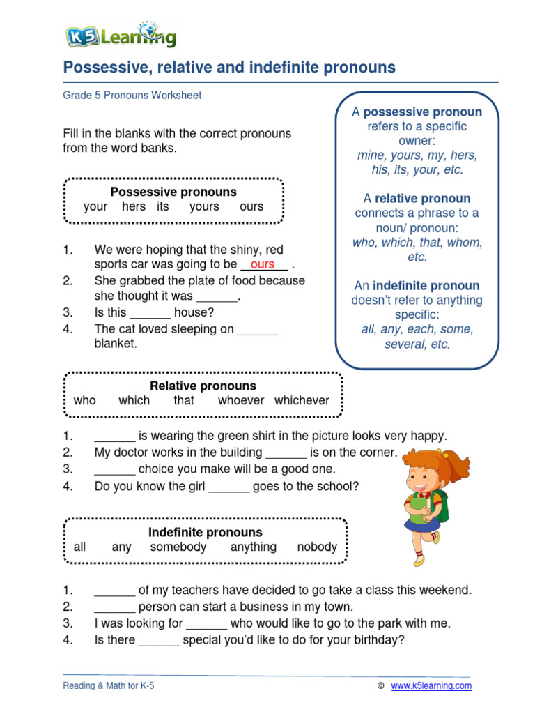 Grade 5 Pronouns Possessive Relative Indefinite B 1 | PDF