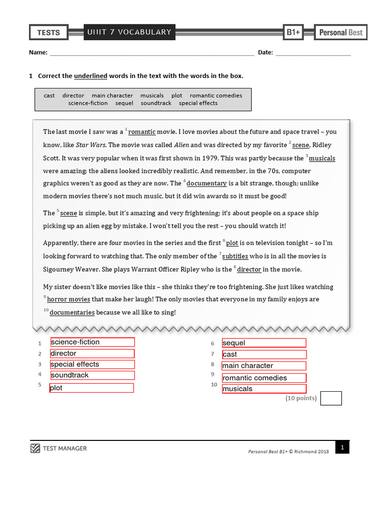 Personal Best B1+ Unit 7 Vocab Test | PDF