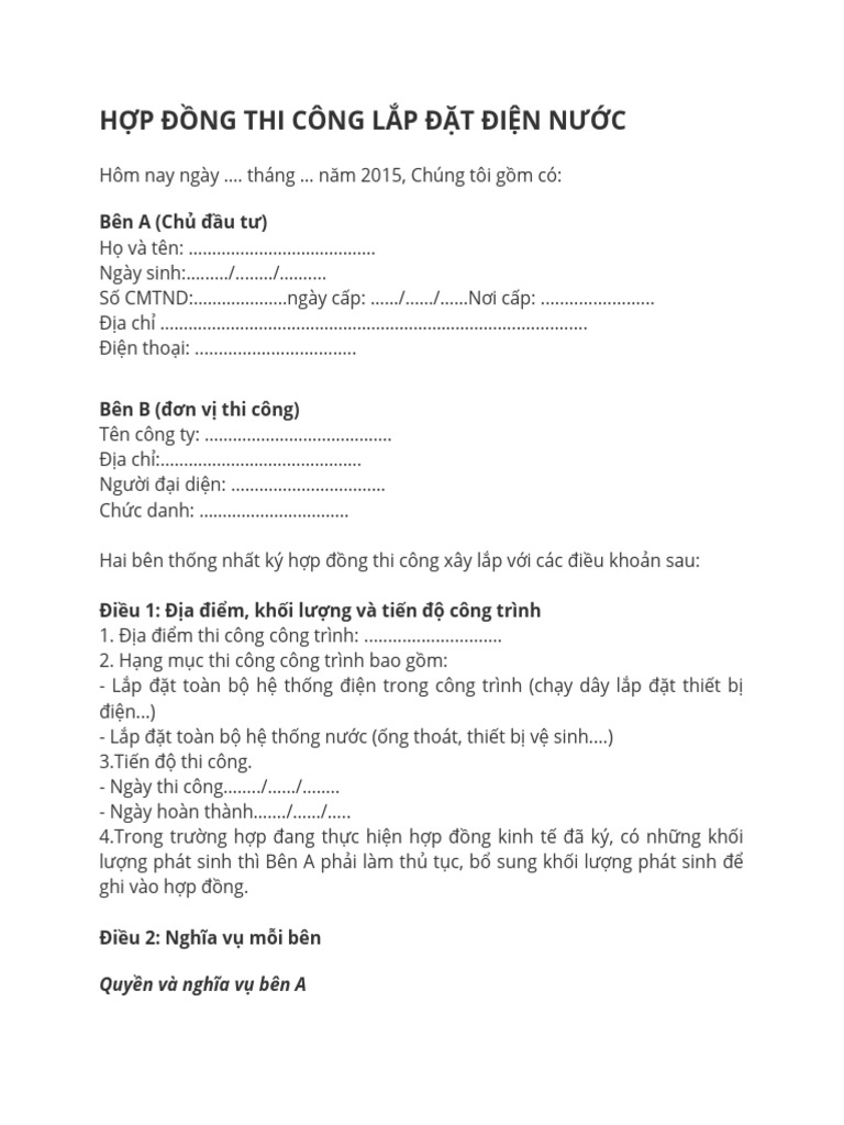 Mau Hop Dong Thi Cong Dien Nuoc | PDF