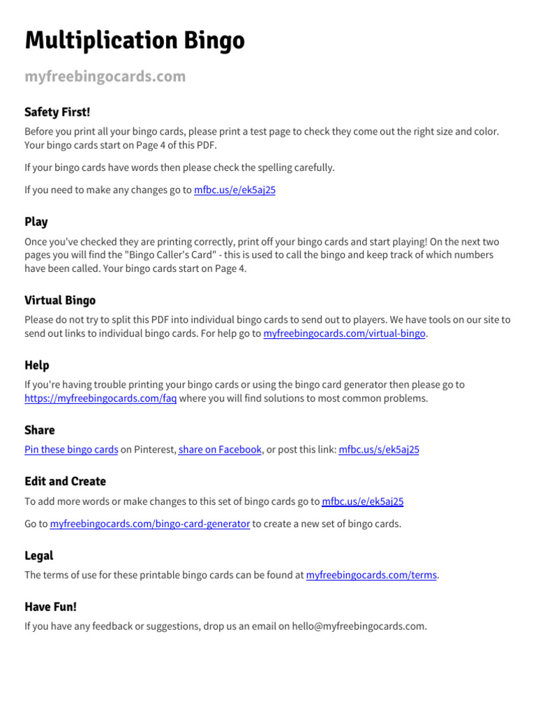 Multiplication Bingo | PDF | Games & Activities