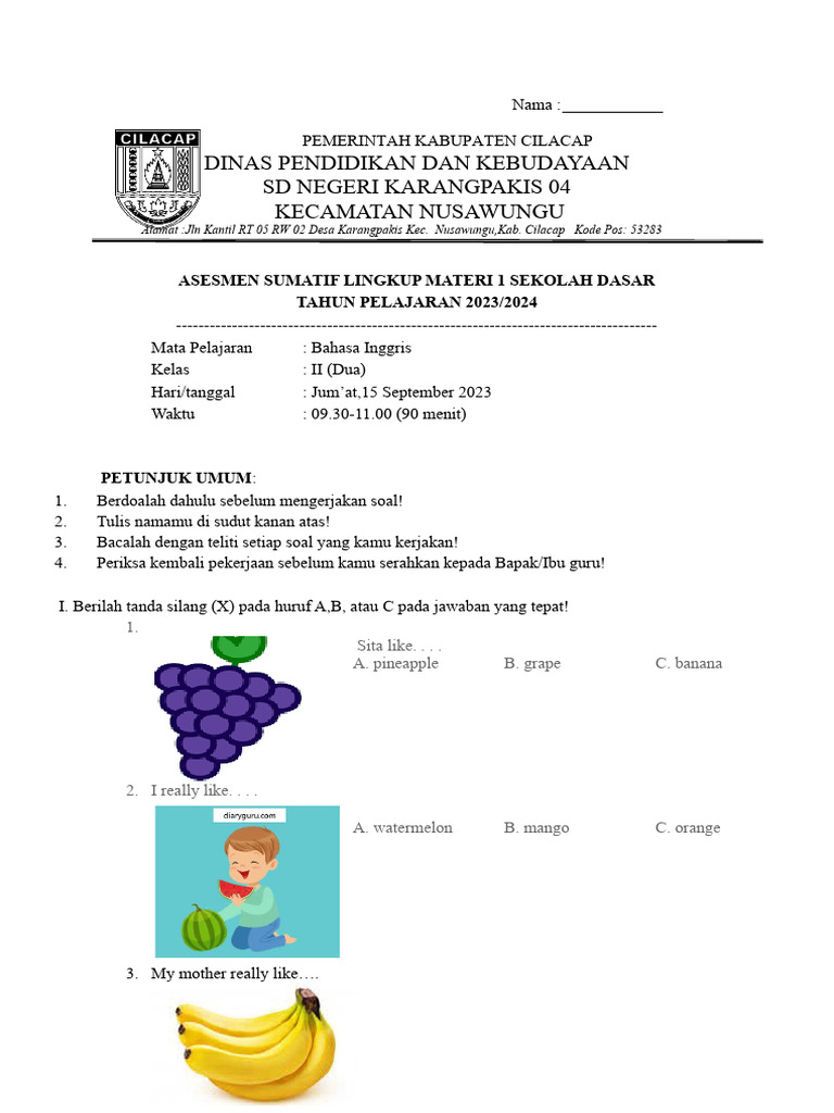 Soal Bahasa Inggris Kelas 2 SD 2023 | PDF | Writing Implements | Stationery