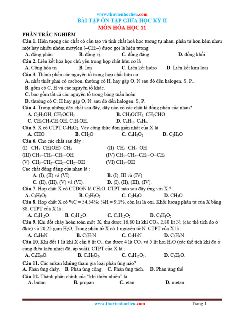Bai Tap On Tap Giua HK2 HOA 11 | PDF