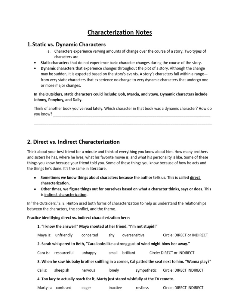 Characterization Notes Outsiders | PDF