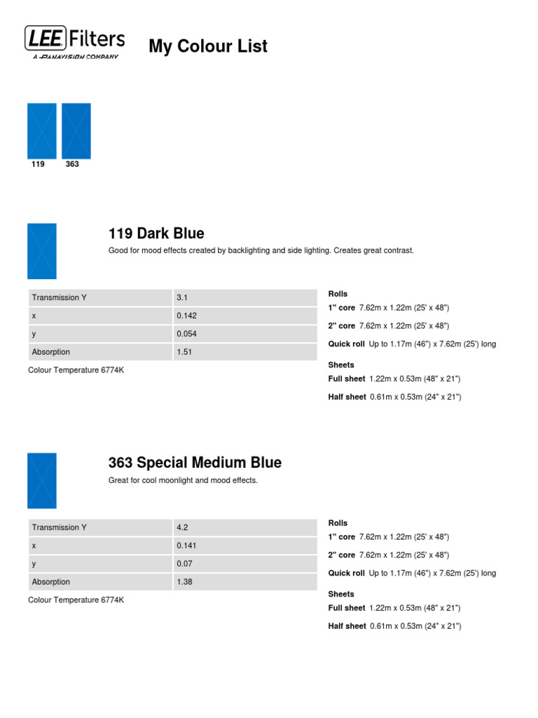 Lee Filters Colour List | PDF