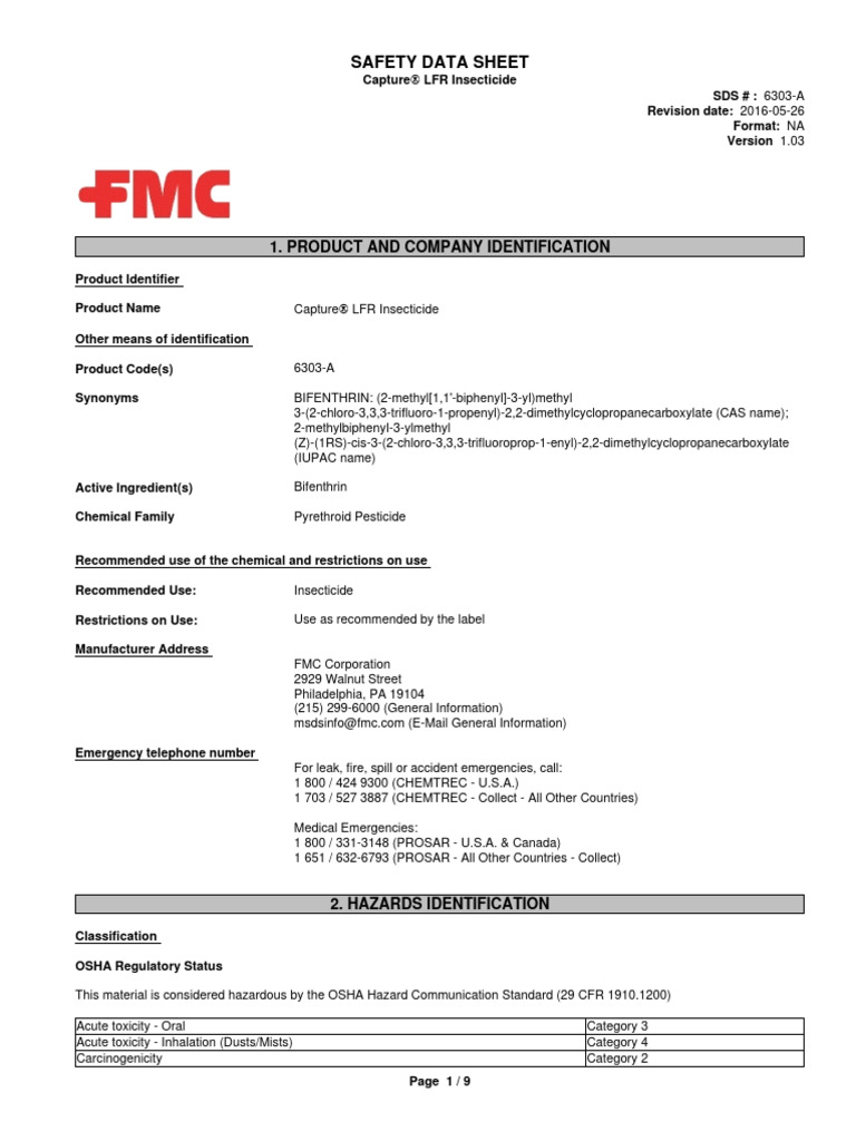 Capture LFR Insecticide Safety Data Sheet | PDF | Dangerous Goods ...