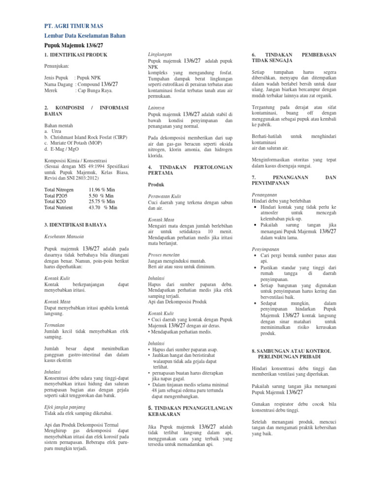 MSDS NPK 13-6-27 | PDF