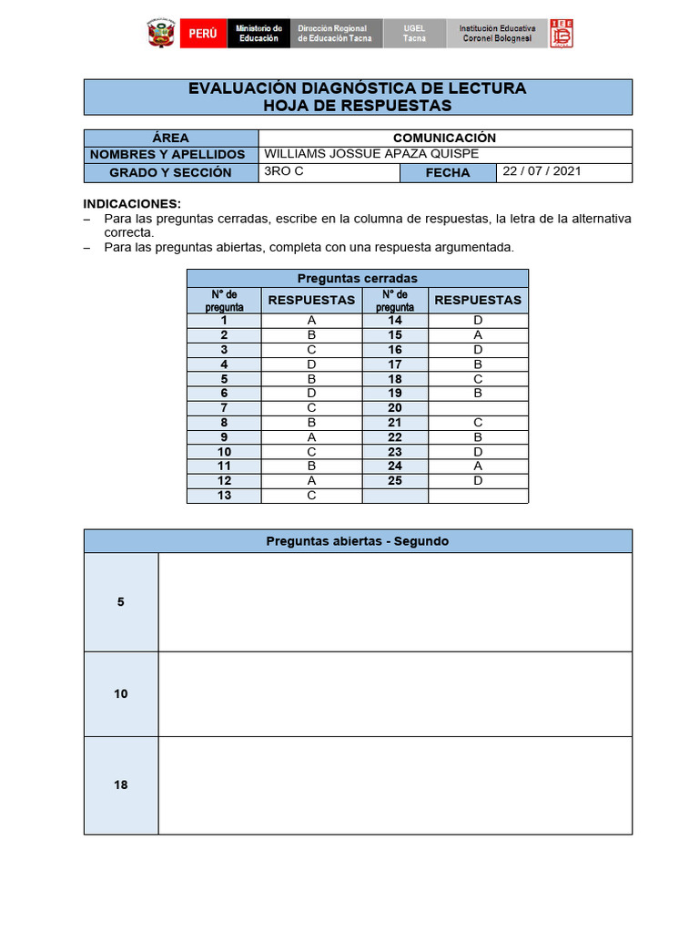 Hoja de Respuestas Evaluación Diagnóstica Último Revisado | PDF