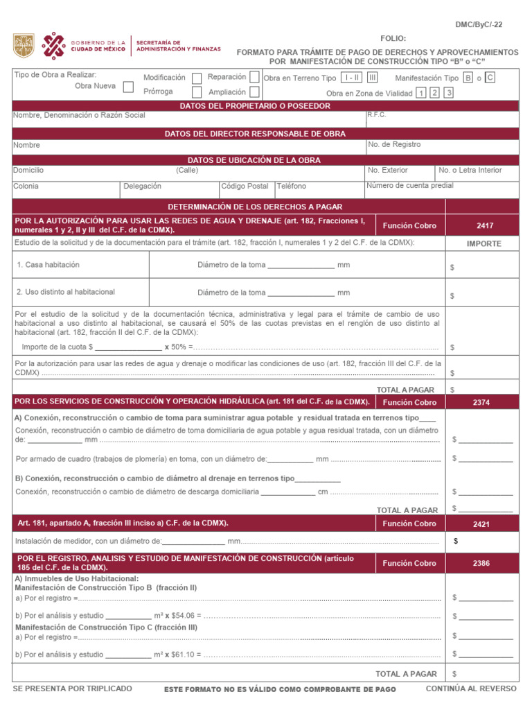 FORMATO PARA TRAMITE DE PAGO DE DERECHOS Y APROVECHAMIENTOS POR MANIFESTACION DE CONSTRUCCION ...