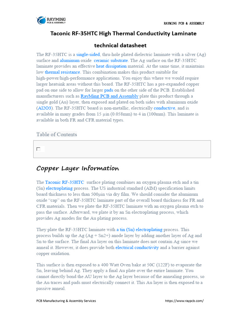 Taconic RF-35HTC High Thermal Conductivity Laminate Technical Datasheet ...