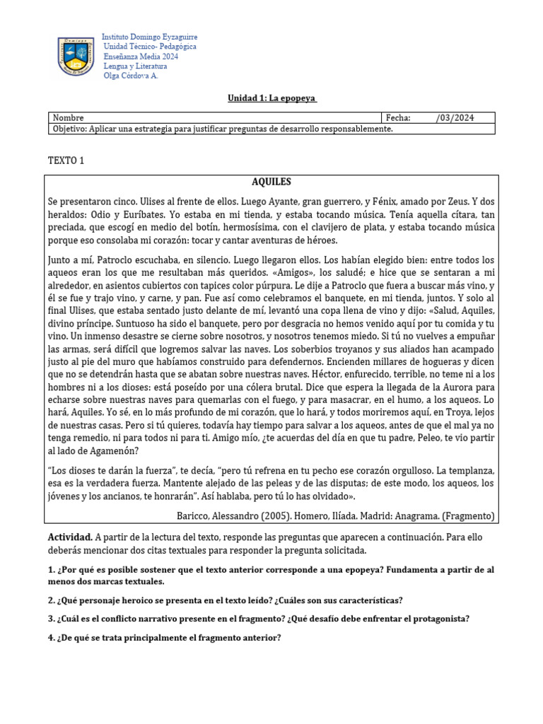 Actividades Epopeya | PDF | Poesía épica | Aquiles