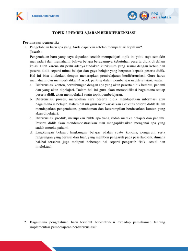 Topik 2 Koneksi Antar Materi Pembelajaran Berdiferensiasi | PDF