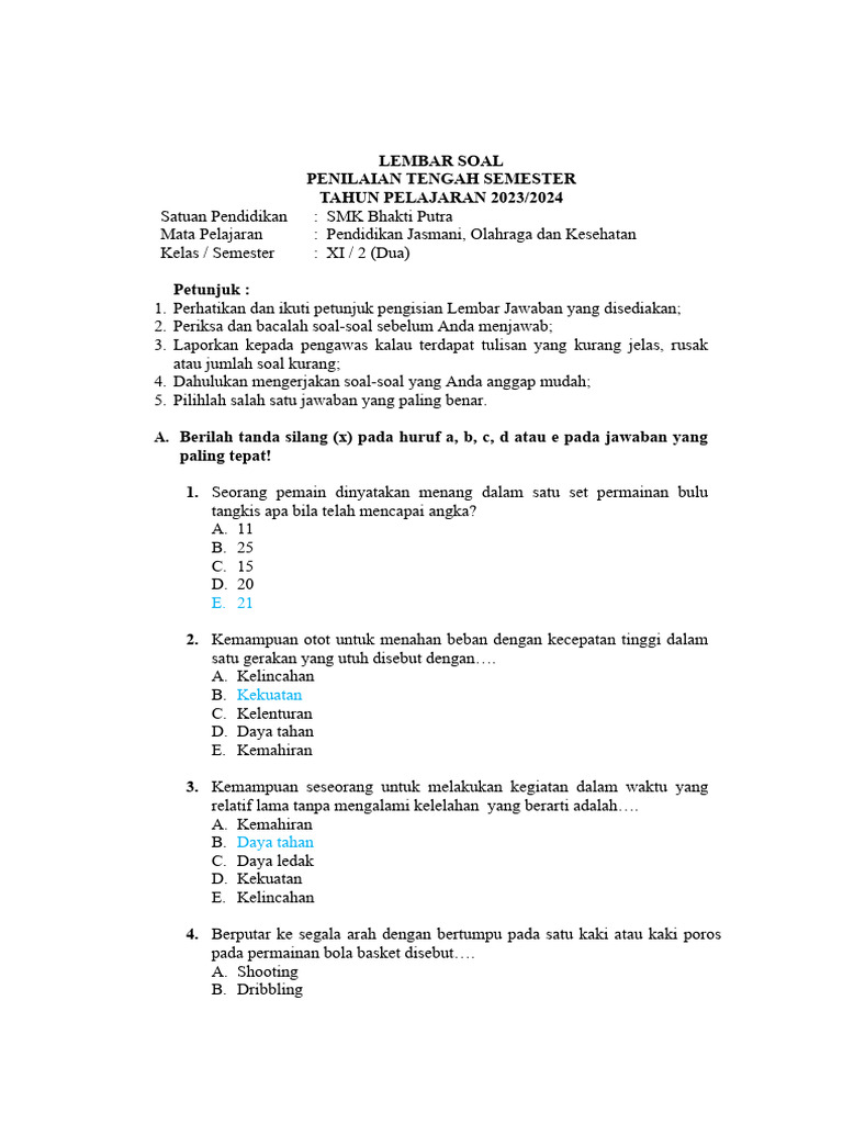 Soal PTS PJOK Kelas XI 2023/2024 | PDF