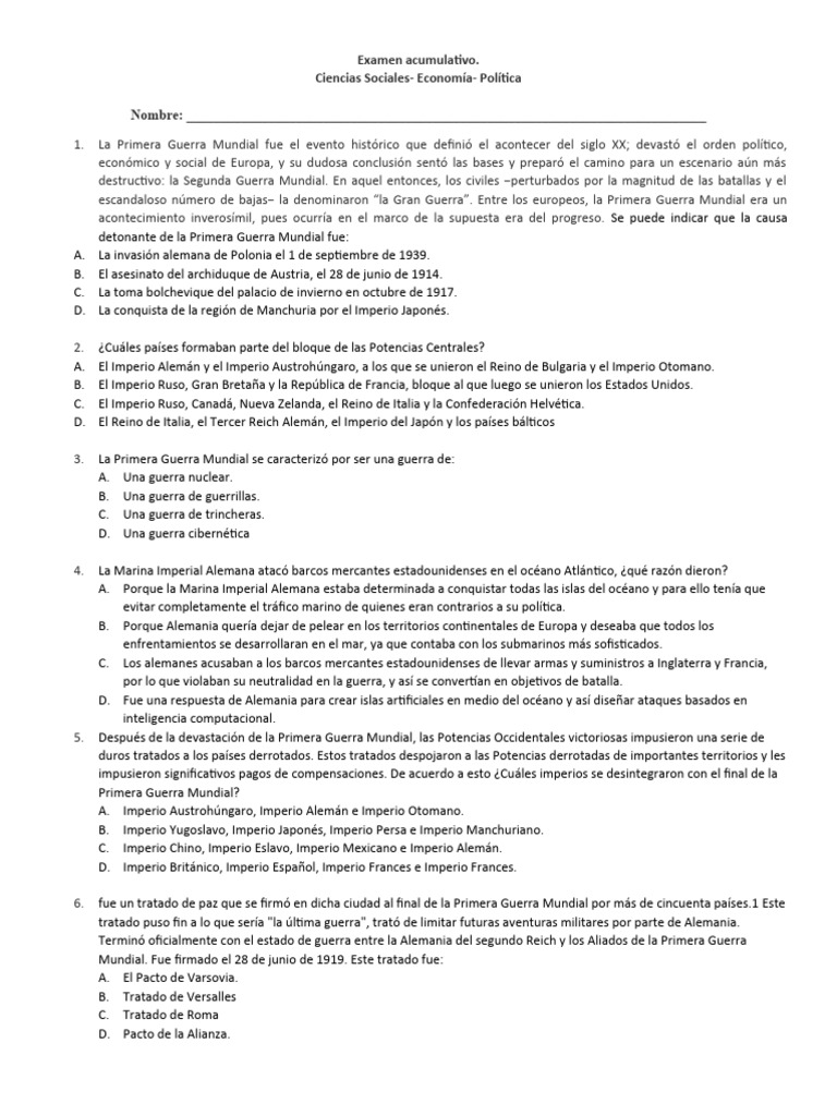 Examen Acumulativo Grado 11 | Descargar gratis PDF | Primera Guerra Mundial | Imperio español