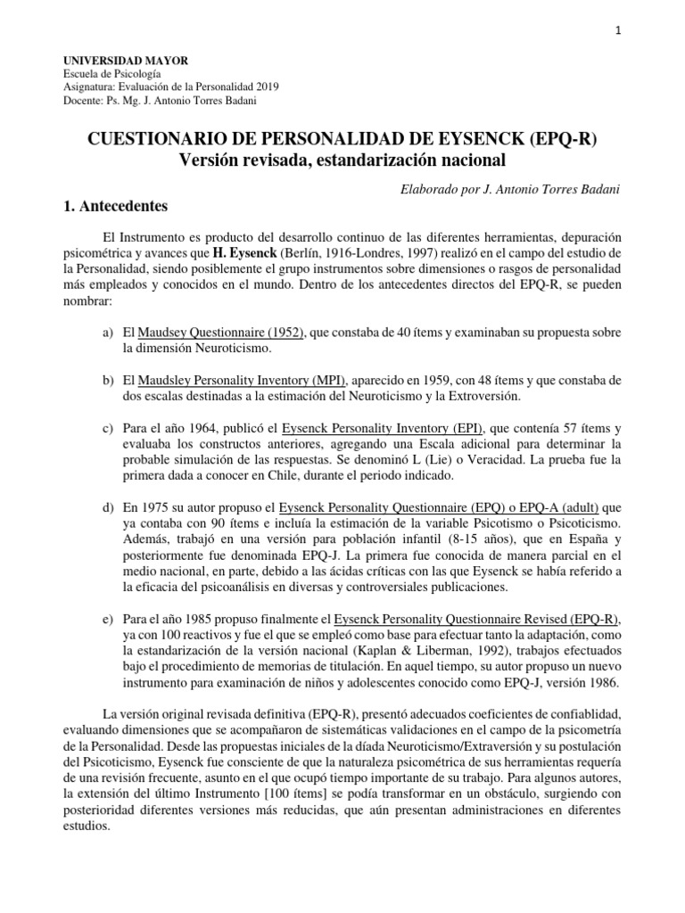Cuestionario Eysenck Epq-R VN (2019) | PDF | Sicología | Ciencias del ...