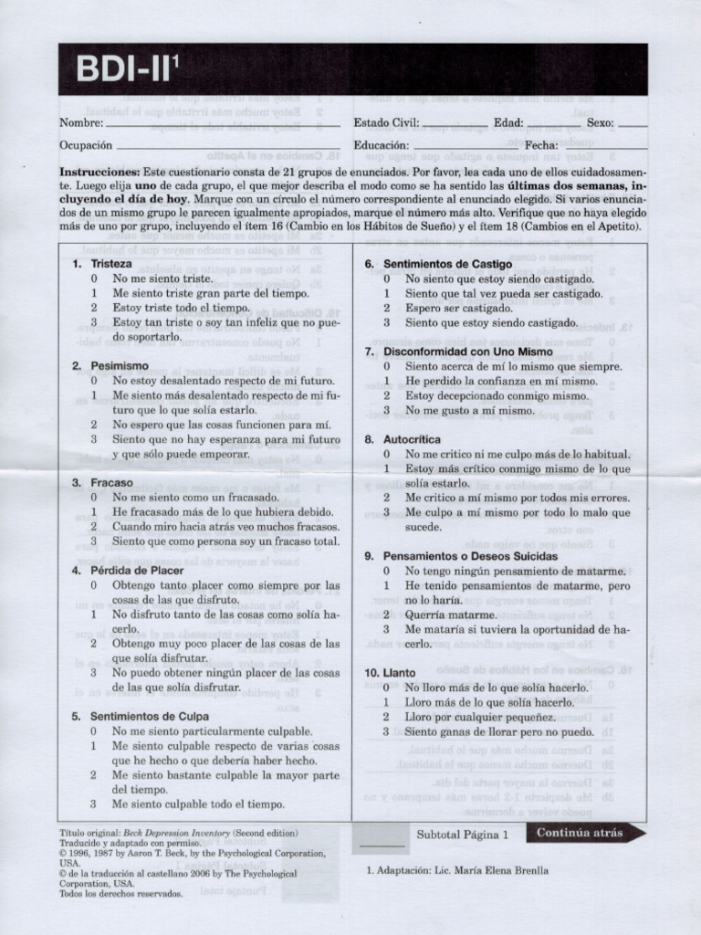 Inventario de Depresión de Beck II TEST | PDF