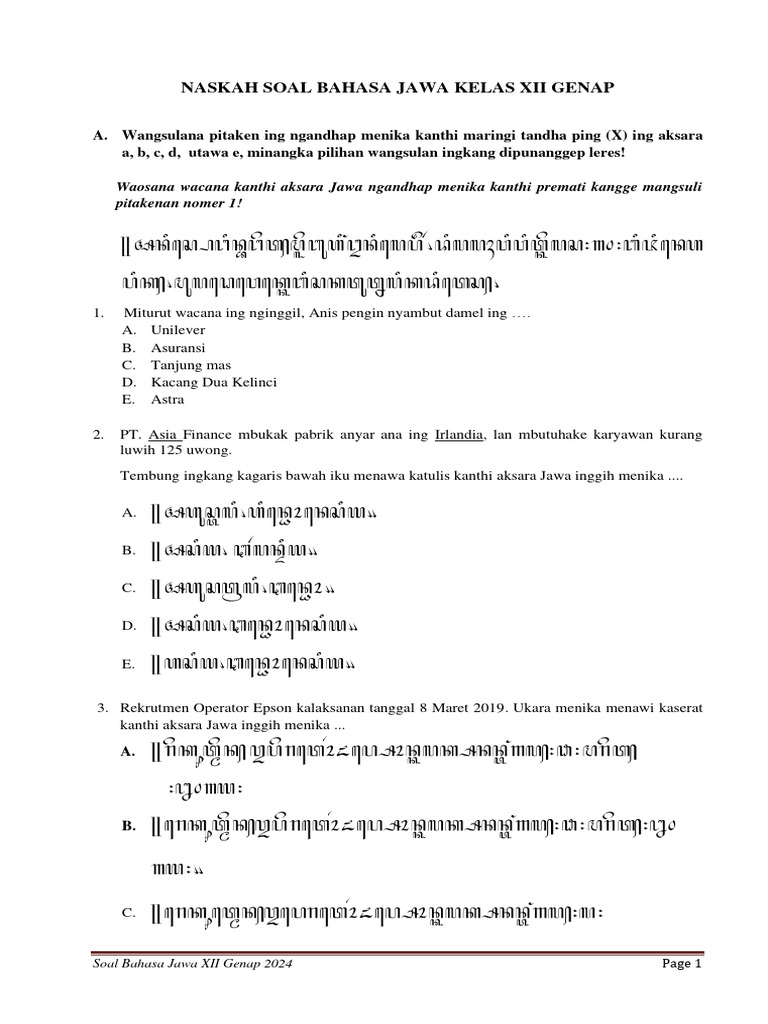 Fix Gladhen Soal BHS Jawa - Xii - Genap - 2024 | PDF