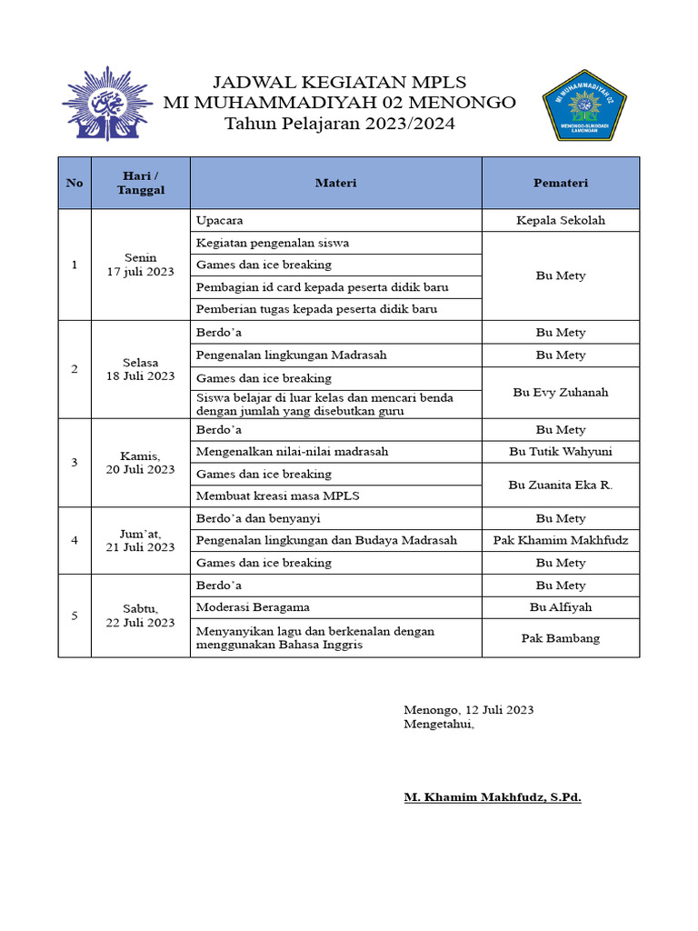 Jadwal Kegiatan MPLS 2023 | PDF