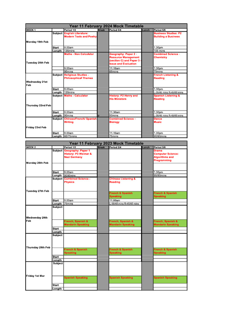 Feb 24 Mock Exam Timetable | PDF