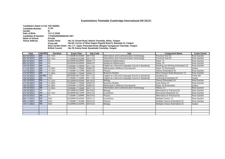 Examinations Timetable (Cambridge International ON 2023) | PDF | Science